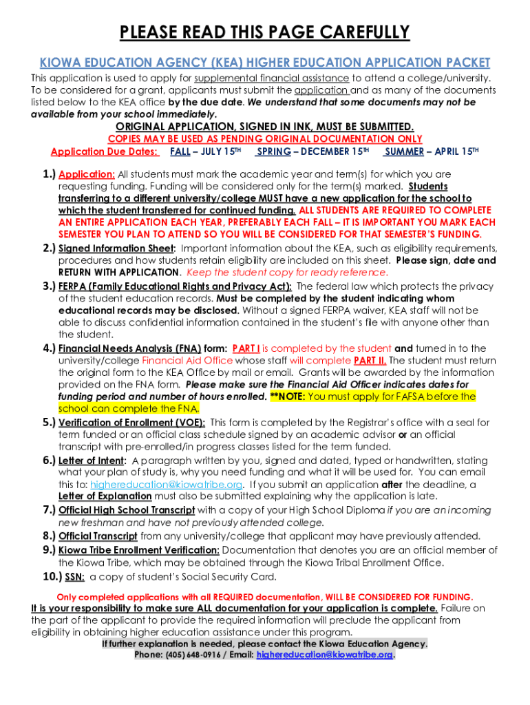 Fillable Online KIOWA EDUCATION AGENCY (KEA) HIGHER EDUCATION APPLICATION PACKET Fax Email Print ...