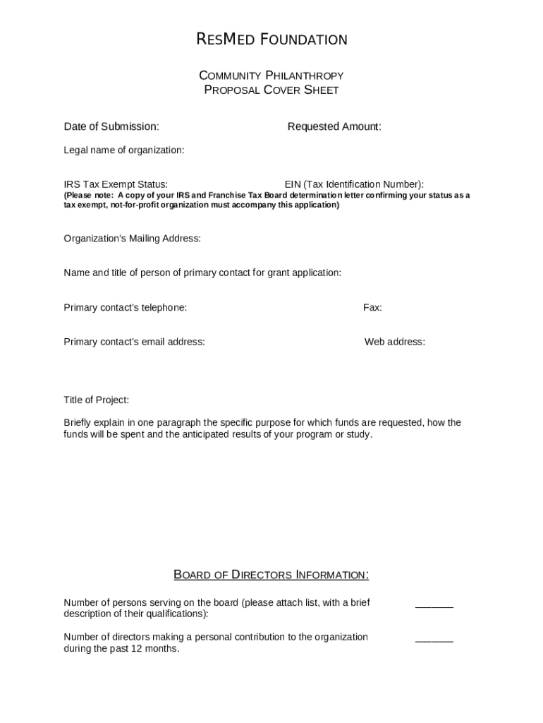 Community Philanthropy Proposals: Application Cover Sheet Doc Template ...