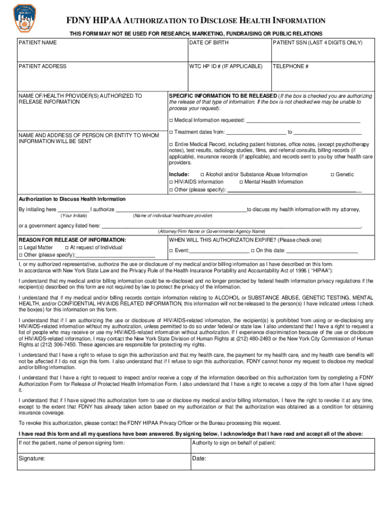 Fillable Online FDNY HIPAA AUTHORIZATION TO DISCLOSE HEALTH INFORMATION ...