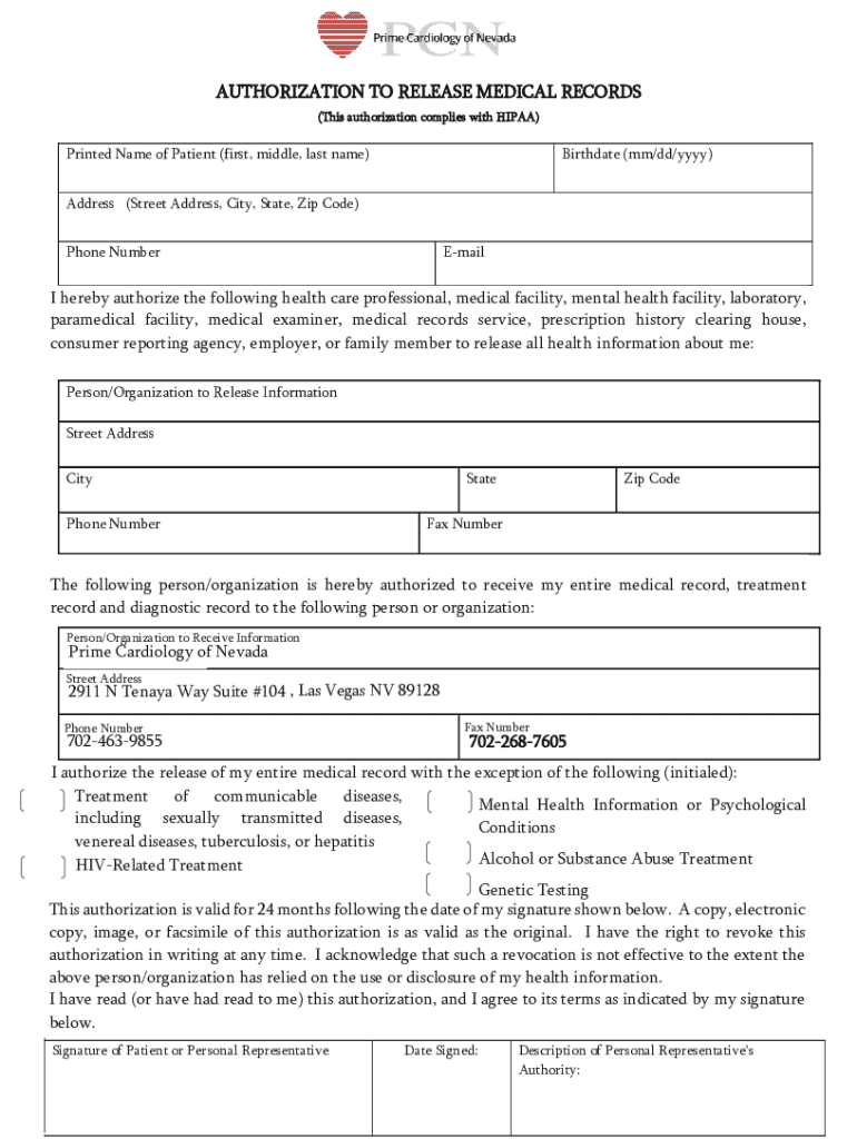 Fillable Online I hereby authorize the following health care professional, medical facility ...