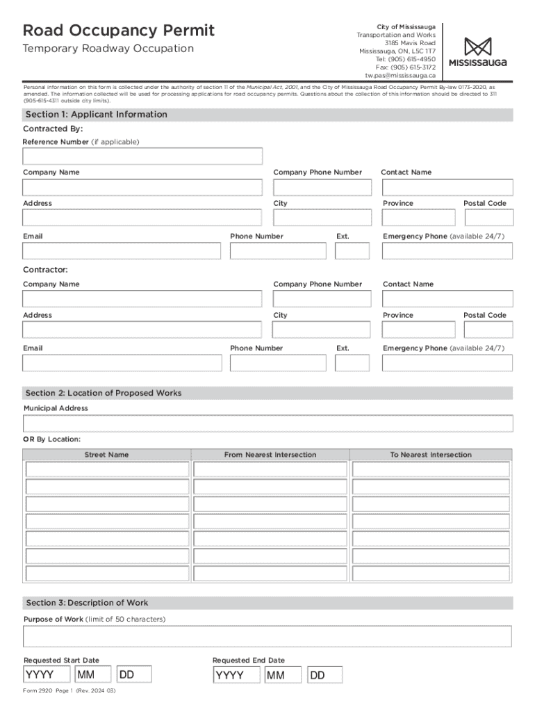 Fillable Online Road Occupancy Permit Application For The City of ...