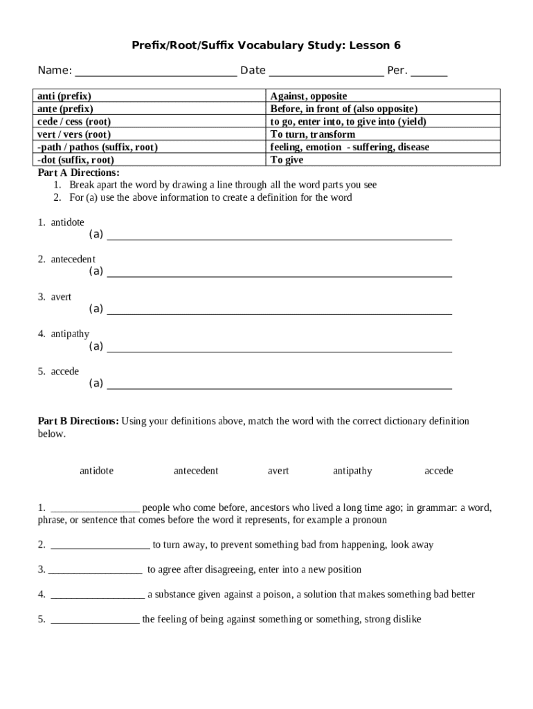 Prefix/Root/Suffix Vocabulary Study Doc Template | pdfFiller