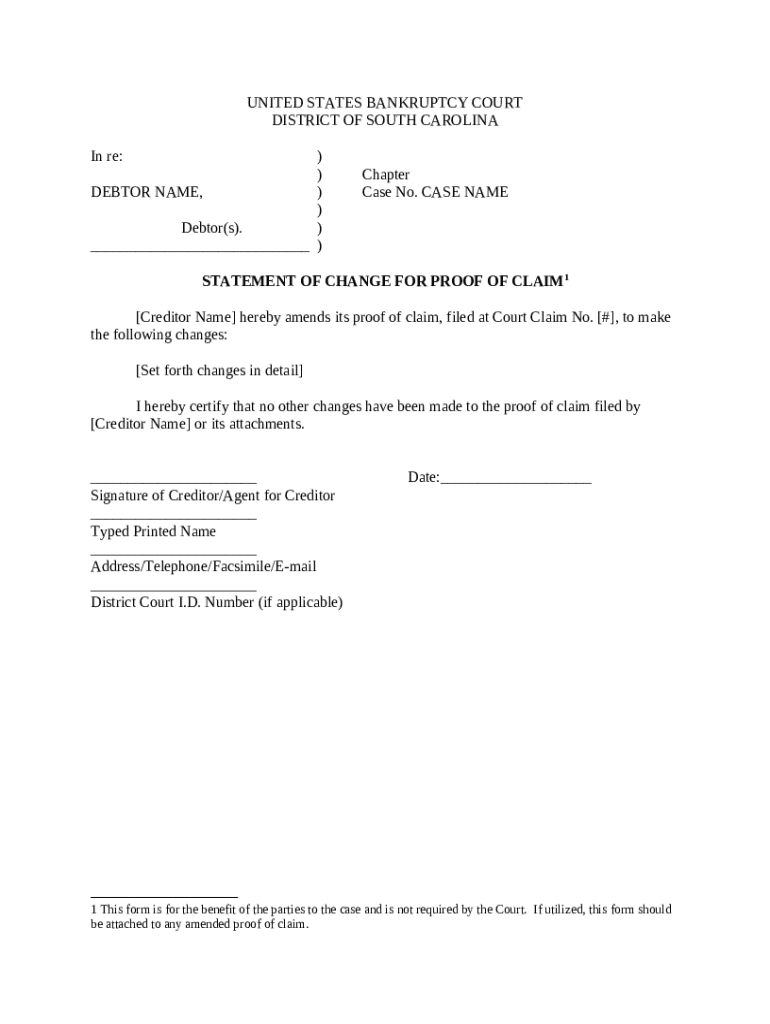 Statement of Change for Proof of Claim Doc Template | pdfFiller