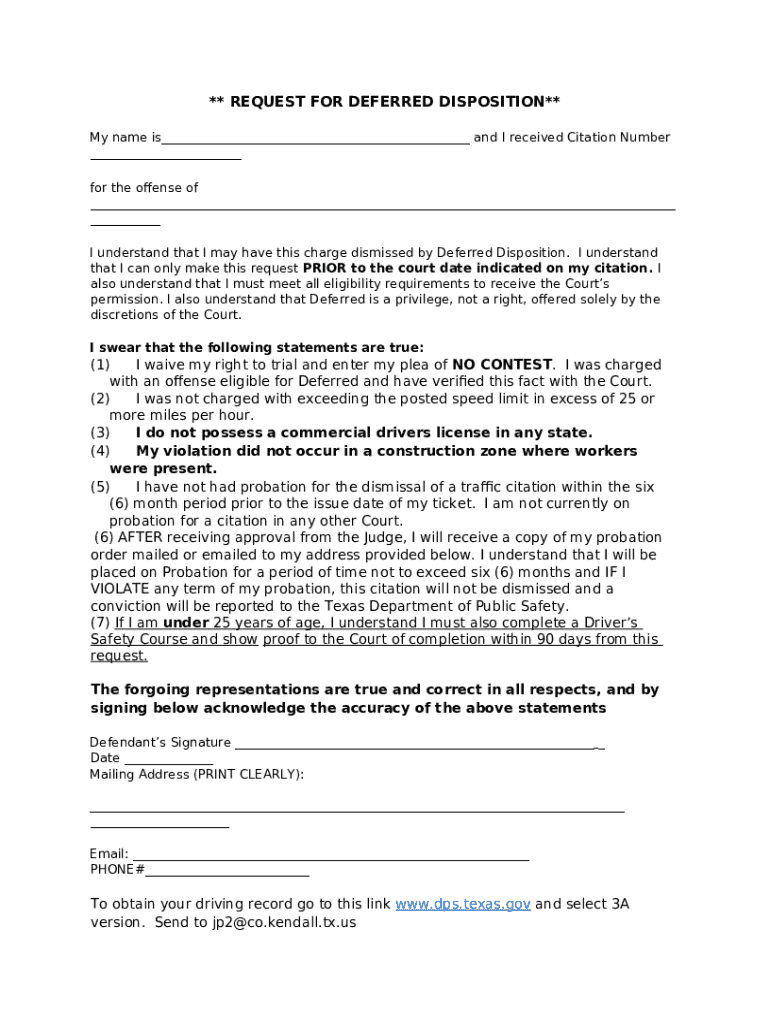 **SWORN REQUEST FOR DEFERRED DISPOSITION ... Doc Template | pdfFiller