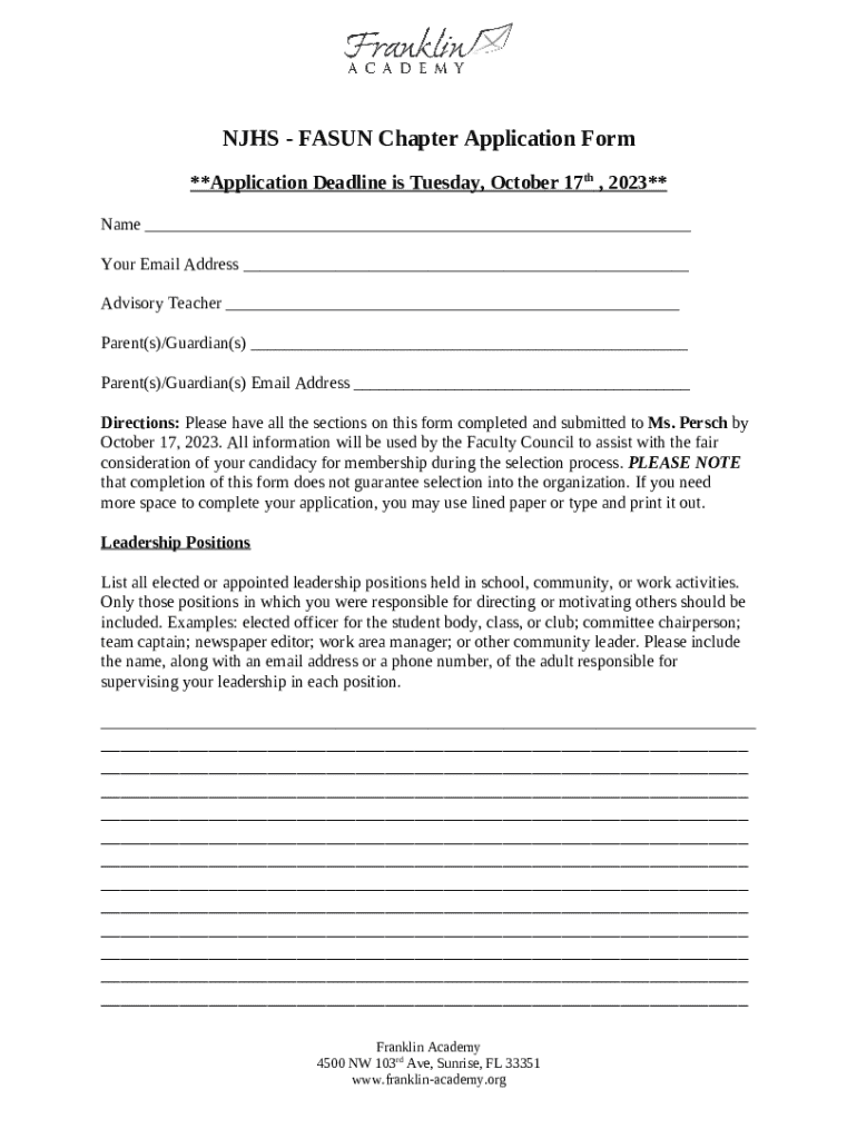NJHS - FASUN Chapter Application Doc Template | pdfFiller