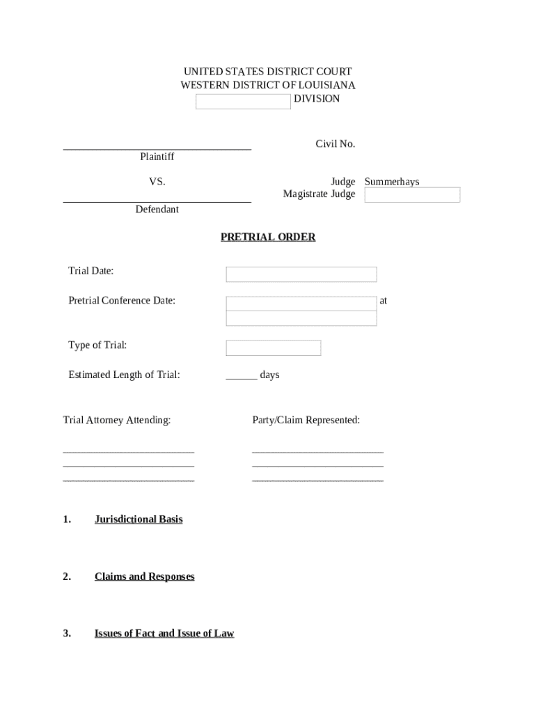 PRETRIAL ORDER REQUIREMENTS United States ... Doc Template | pdfFiller