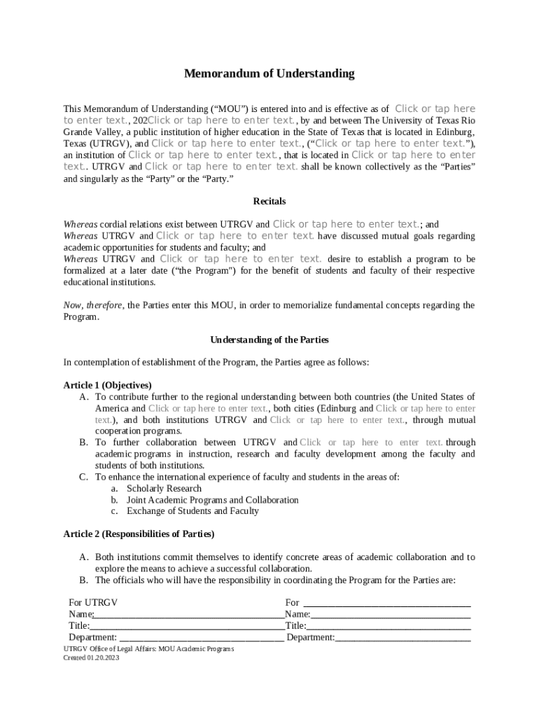 Memoranda of Understanding (MOU) Template Doc Template | pdfFiller