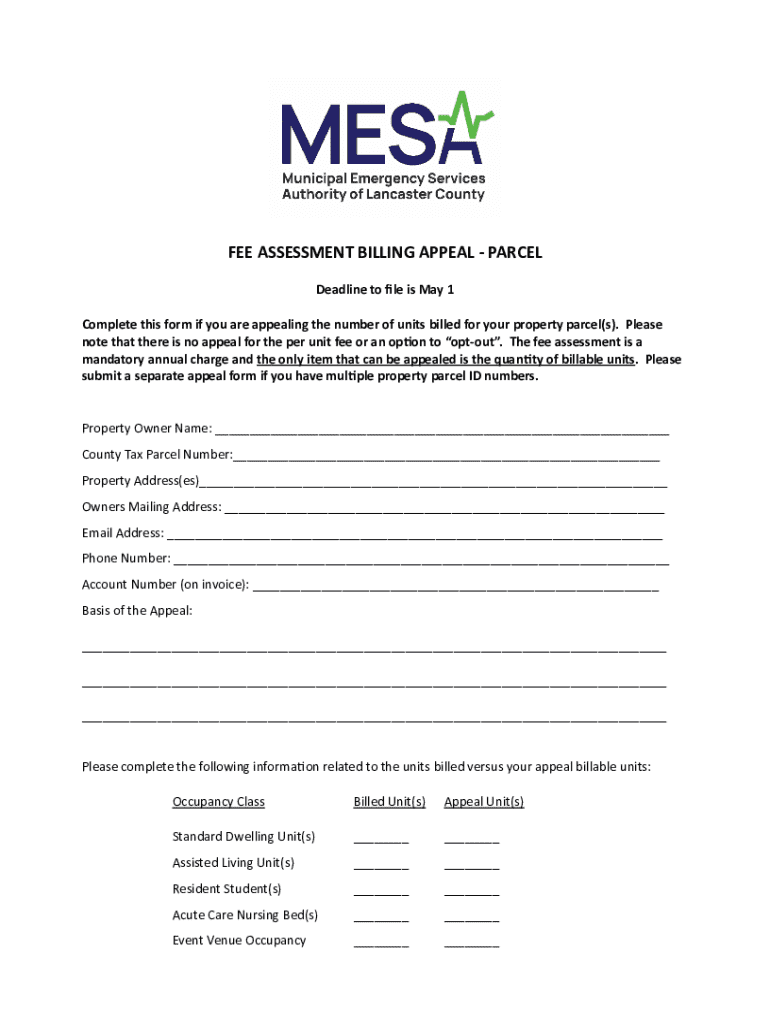 Fillable Online FEE ASSESSMENT BILLING APPEAL- PARCEL Fax Email Print - pdfFiller