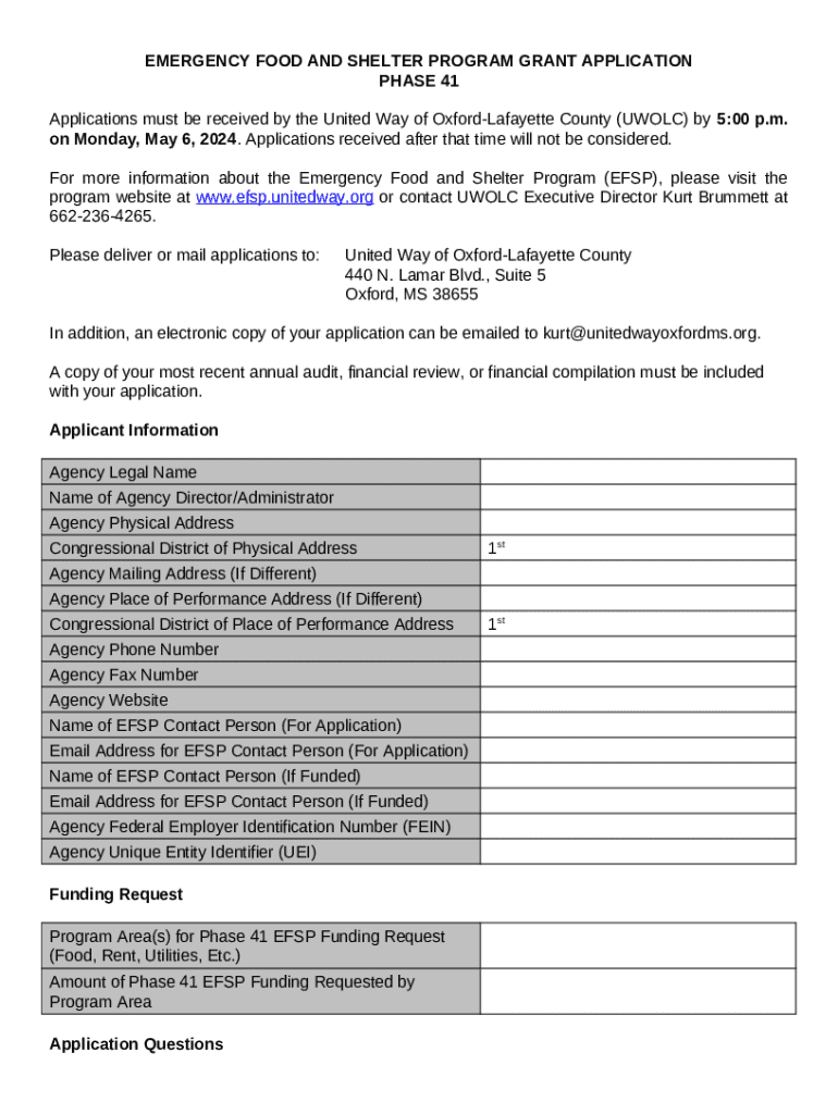 EMERGENCY FOOD AND SHELTER PROGRAM GRANT APPLICATION Doc Template ...
