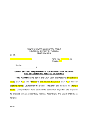 ORDER SETTING REQUIREMENTS FOR EVIDENTIARY HEARING Doc Template | pdfFiller