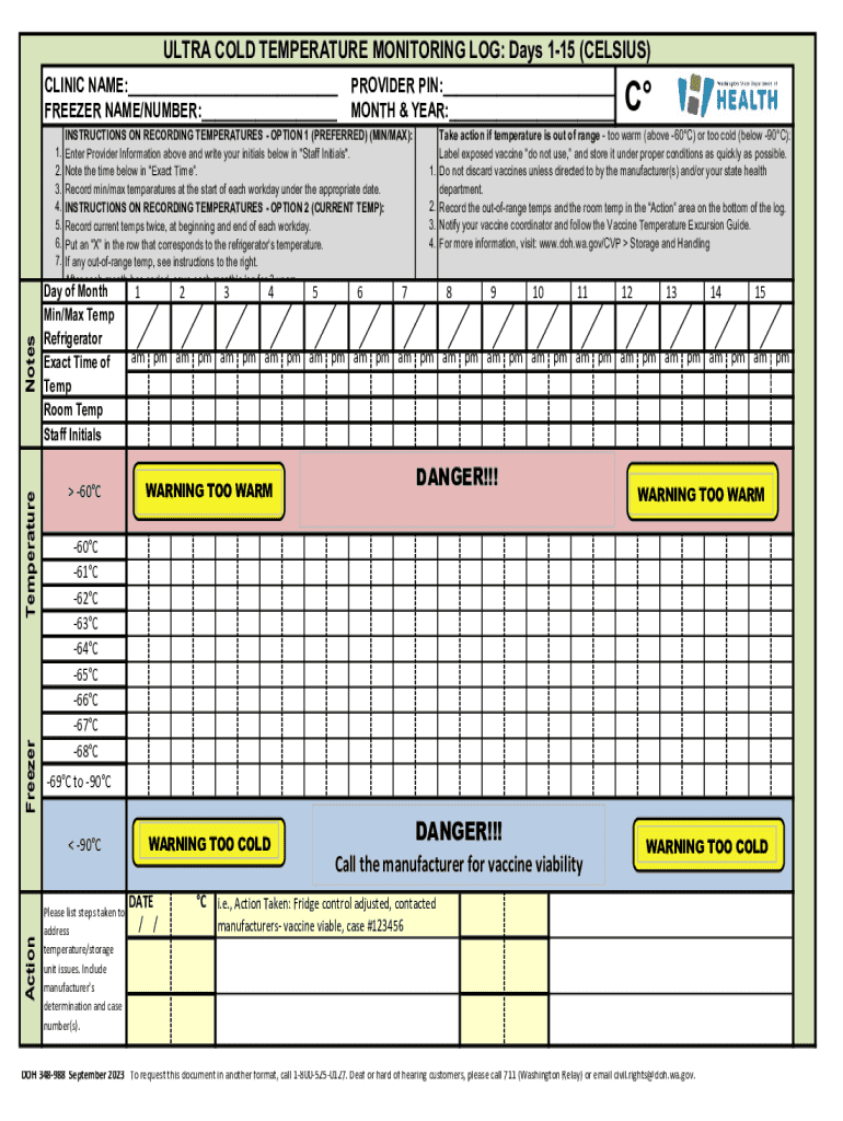 Fillable Online doh wa ULTRA COLD TEMPERATURE MONITORING LOG: Days 1-15 ...