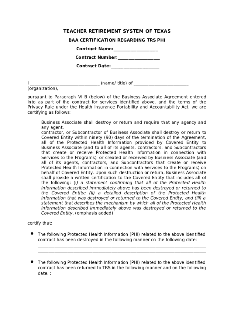 Business Associate Agreement (BAA) Certification for PHI Doc Template ...
