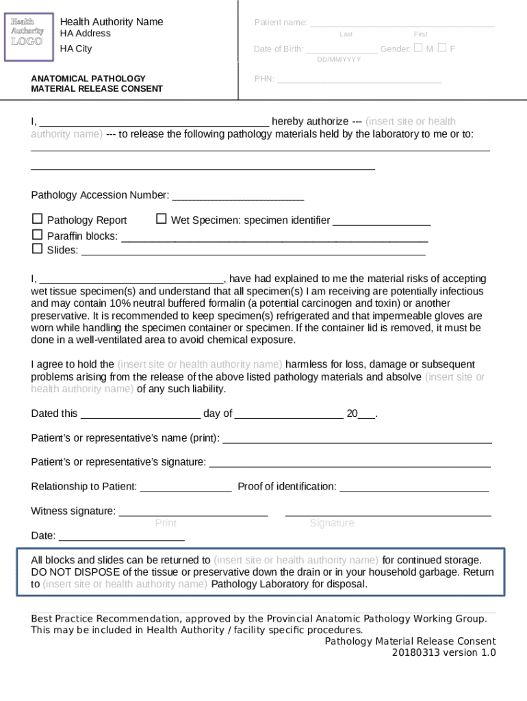 Anatomical Pathology Material Release Doc Template | pdfFiller
