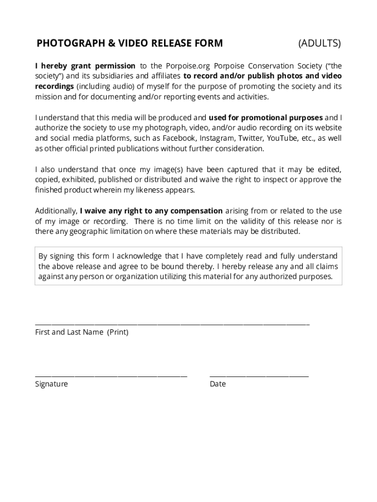 Fillable Online PHOTOGRAPH & VIDEO RELEASE FORM (ADULTS) Fax Email ...