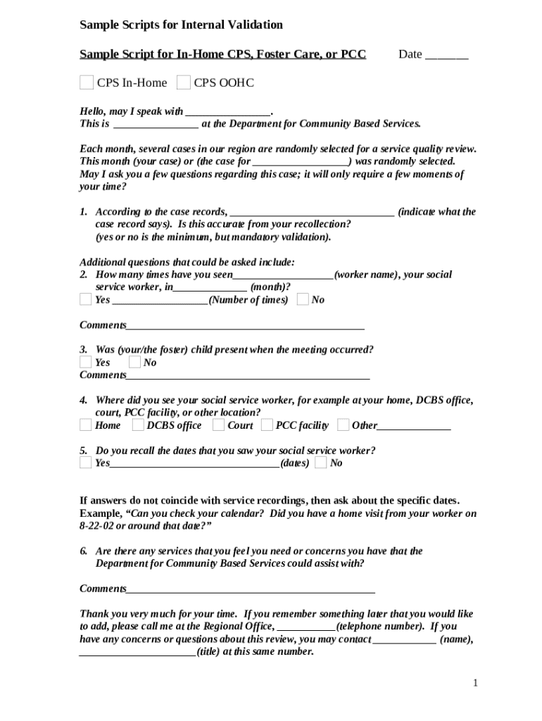 Sample Script for In Home CPS, Foster Care or PCC ... Doc Template ...