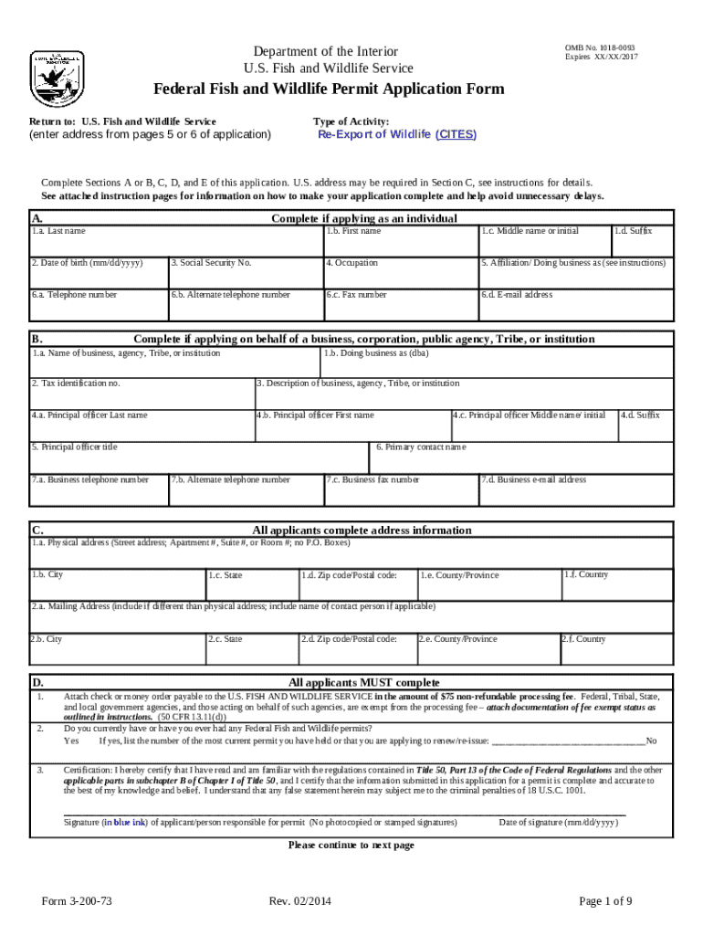 Fillable Online Form 3 200 73 Federal Fish and Wildlife Permit Application Form Fax Email Print ...