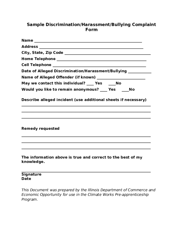 Illinois Works Sample Discrimination Harassment Bullying Complaint Doc Template | pdfFiller