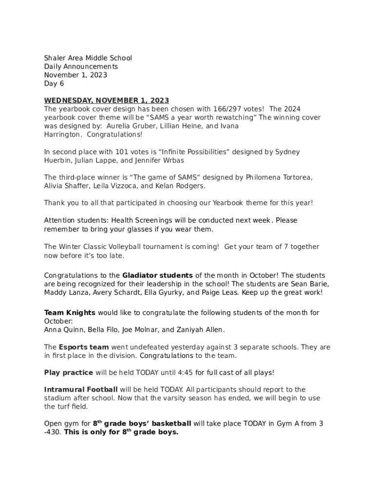 SHALER MIDDLE SCHOOL GLENSHAW, PA Doc Template | pdfFiller