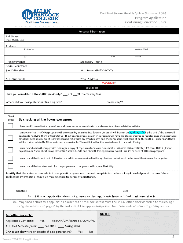 Fillable Online Nursing: Certified Home Health Aide - Certificate of ...