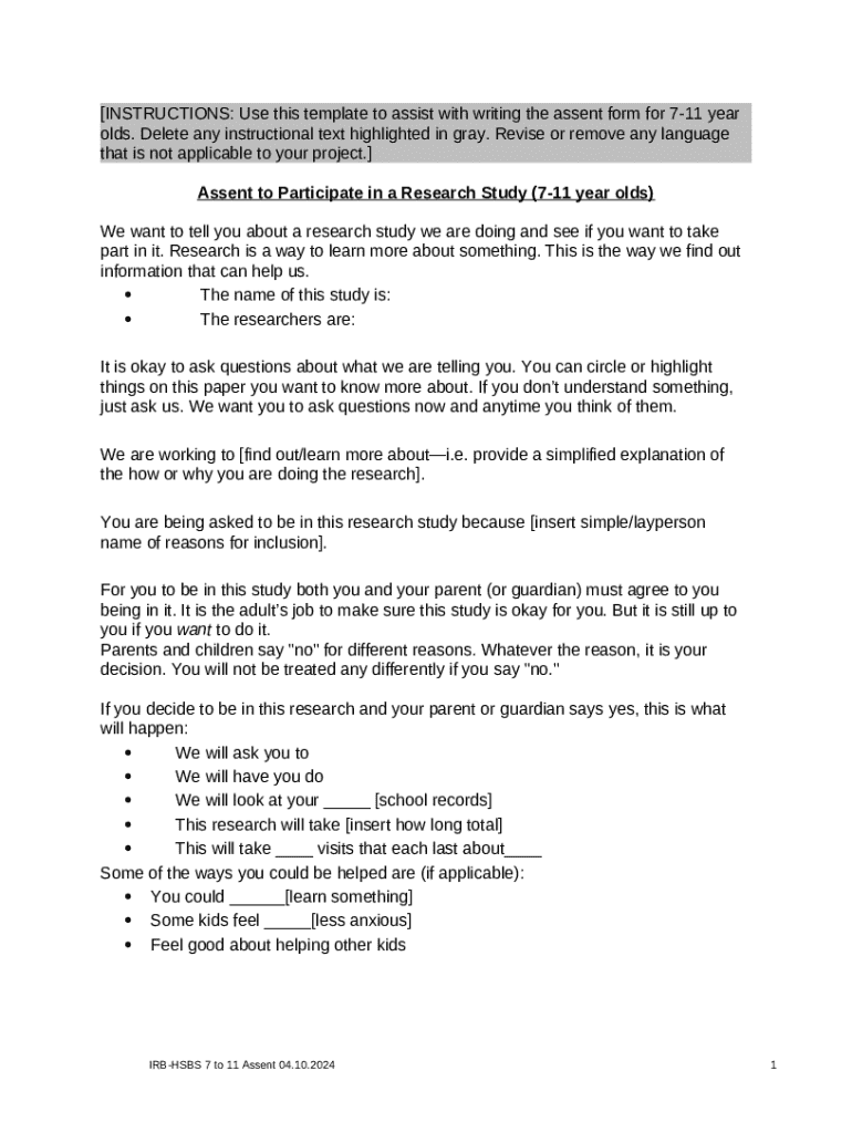 INSTRUCTIONS: Use this template to assist with writing the assent for 7-11 year olds - research ...