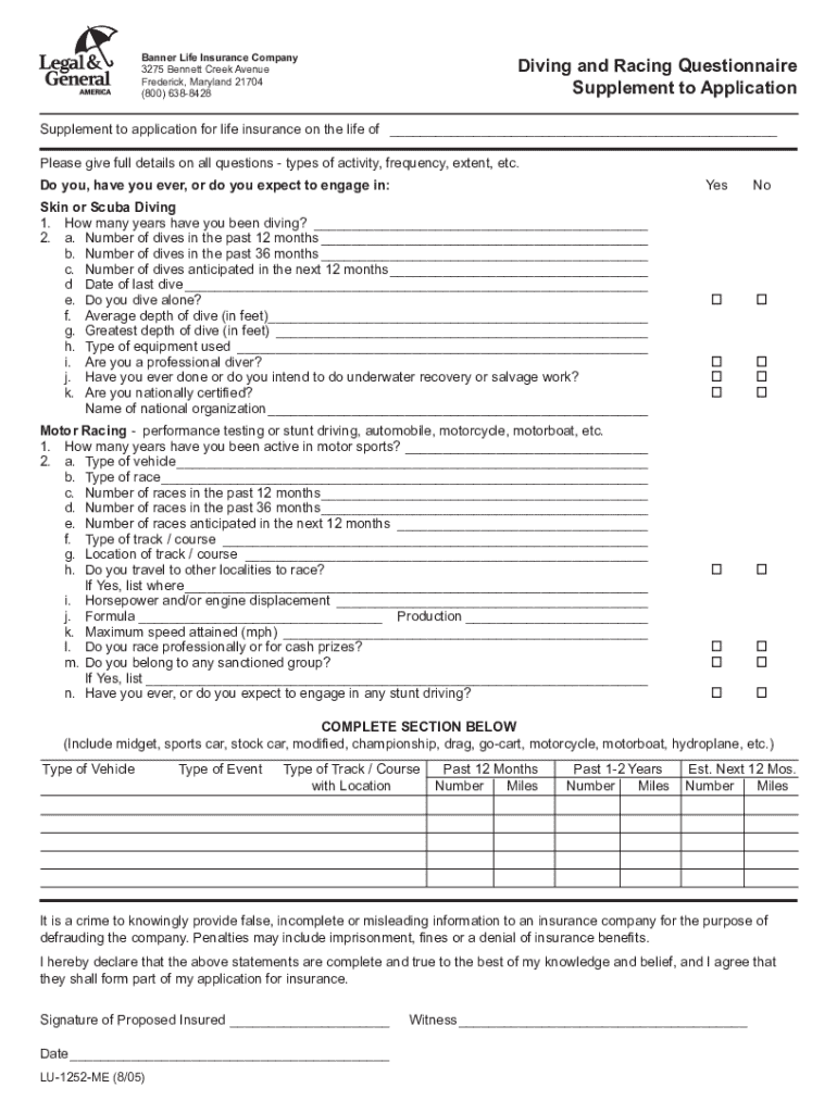 Fillable Online Diving and Racing Questionnaire Supplement to ...