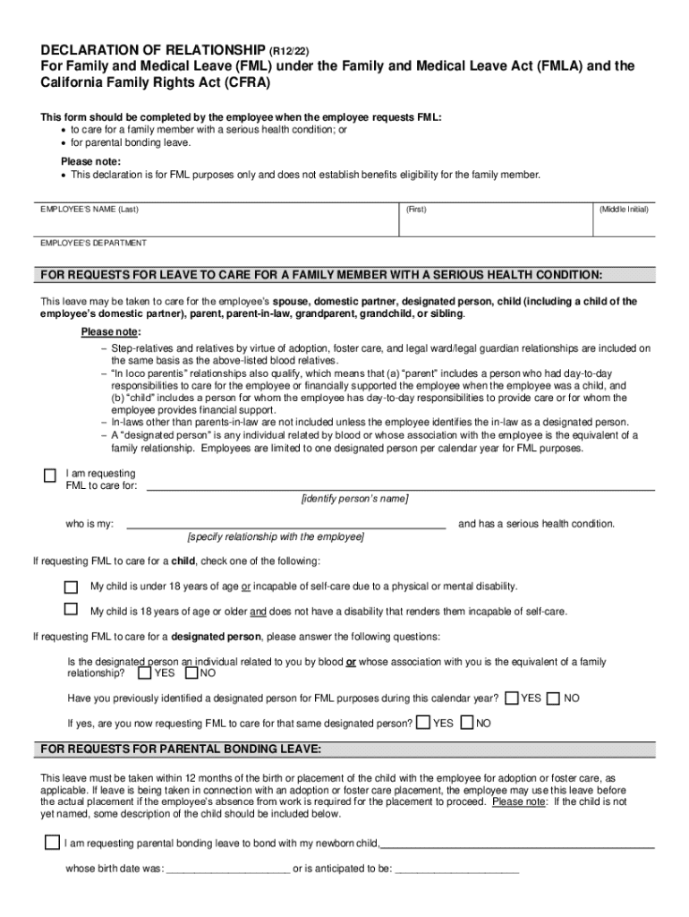Fillable Online Declaration of Relationship for Family and Medical ...