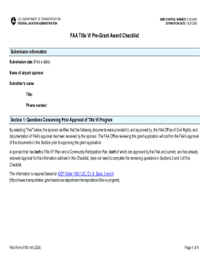 Fillable Online FAA Form 5100-145, FAA Title VI Pre-Grant Award ...