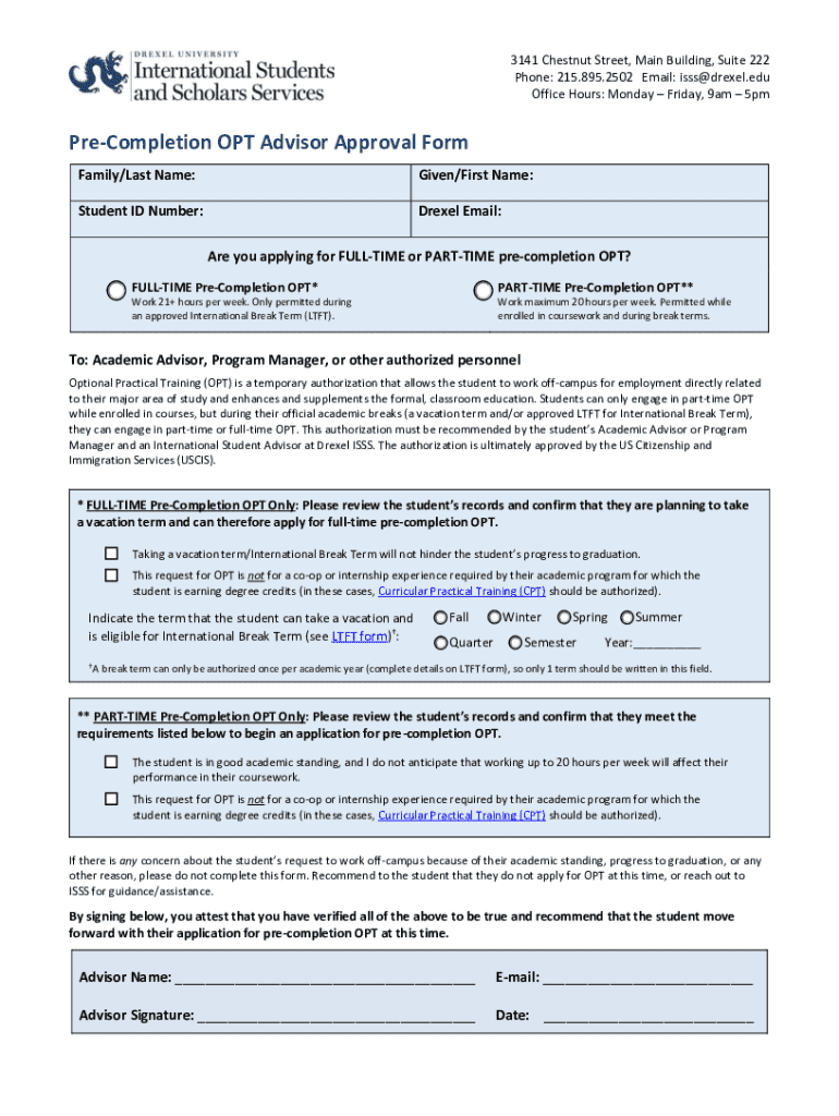 Fillable Online Post-Completion OPT Advisor Approval Form Fax Email ...