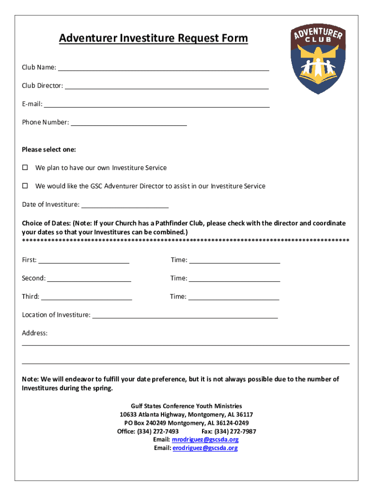 Fillable Online Adventurer Investiture Order Form (e-file) Fax Email ...