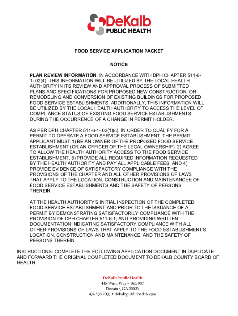 Fillable Online food service application packet notice plan review ...