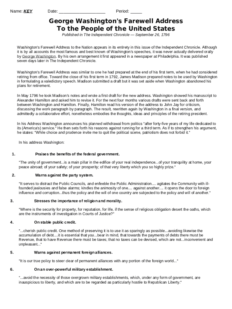 George Washington's Farewell Address To the ... Doc Template | pdfFiller