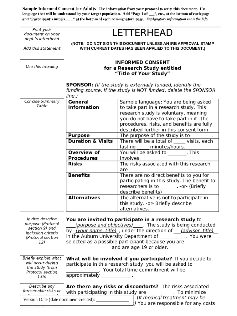 Sample Ined Consent for Adults Use ination from your protocol to write this document Doc ...
