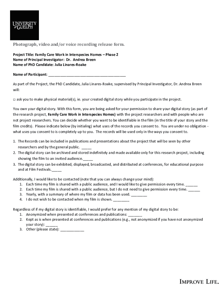 Fillable Online Photograph, video and/or voice recording release form ...