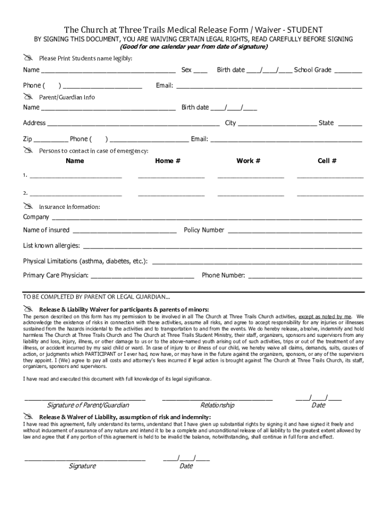 Fillable Online The Church at Three Trails Medical Release Form ...