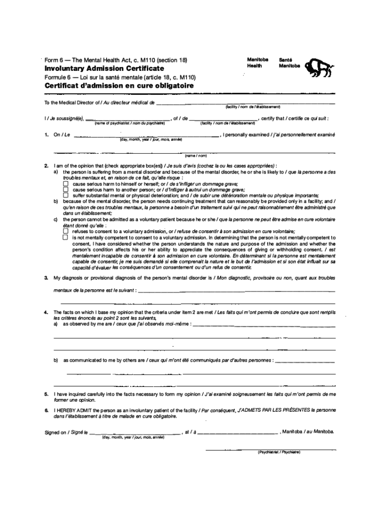 Remplissable En Ligne Involuntary Admission Certificate/Certificat d ...
