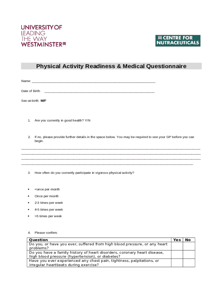 Physical Activity Readiness & Medical Questionnaire Doc Template ...