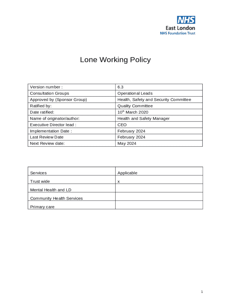 Lone Working (Health and Safety) Policy Doc Template | pdfFiller