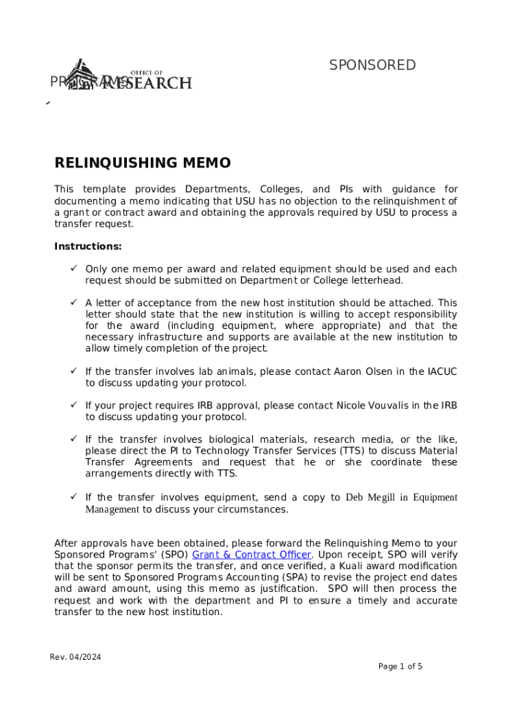 Sample Transfer Memorandum for use by Departments and PIs to document that the academic unit has ...