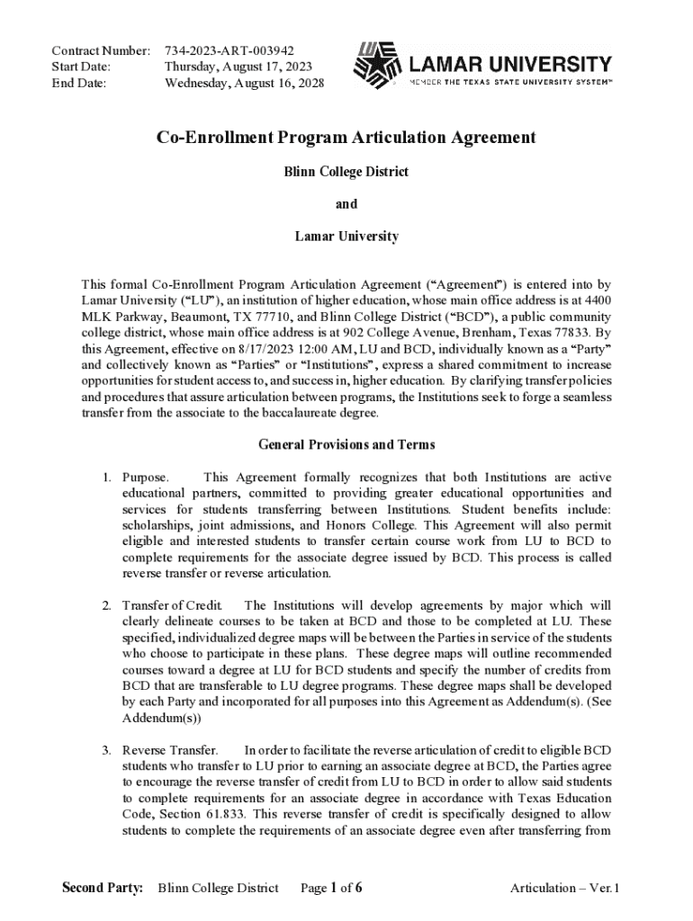 Fillable Online Co-Enrollment Program Articulation Agreement Fax Email Print - pdfFiller