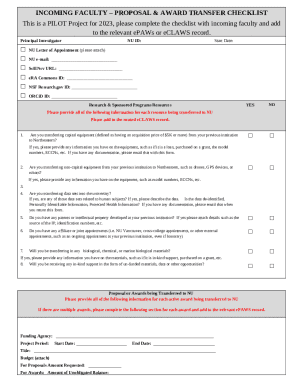 Incoming FacultyProposal & Award Transfer Checklist Doc Template | pdfFiller