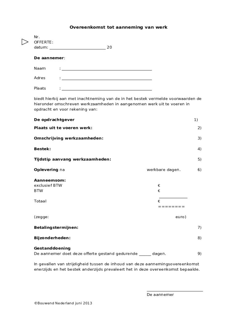 Overeenkomst tot aanneming van werk Doc Template | pdfFiller