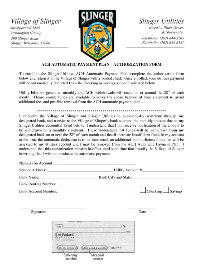 Fillable Online ach automatic payment planauthorization form Fax Email ...