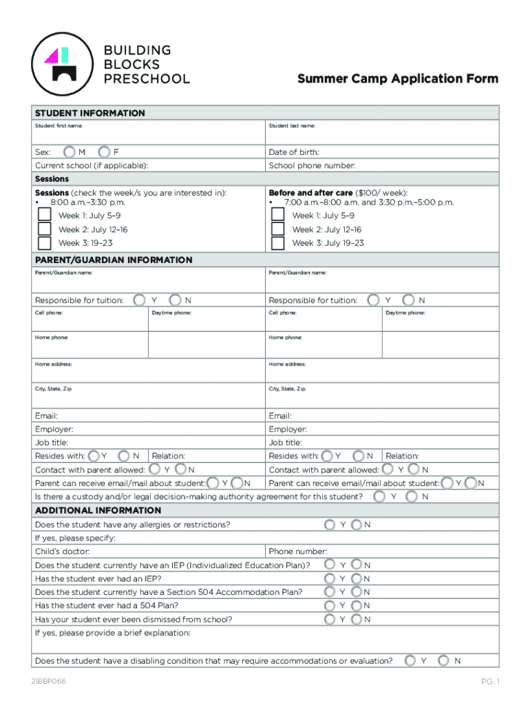 Fillable Online 21BBP066 Summer Camp Application Form. Building Blocks ...