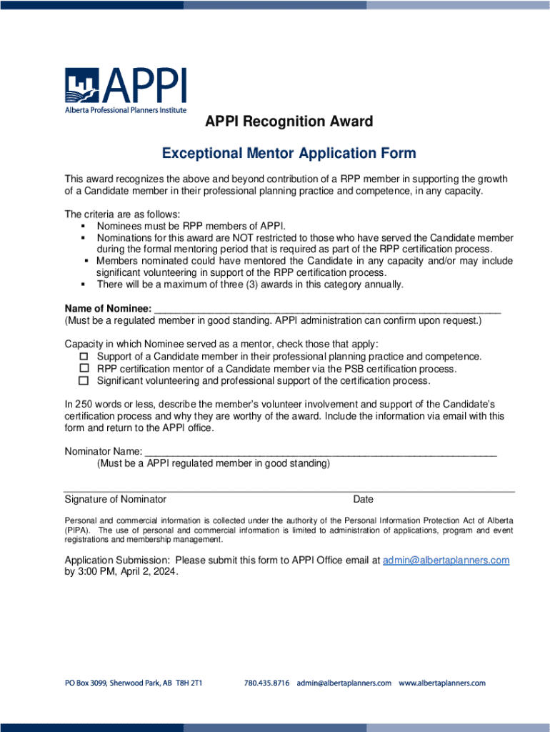 Fillable Online APPI Recognition Award Exceptional Mentor Application ...