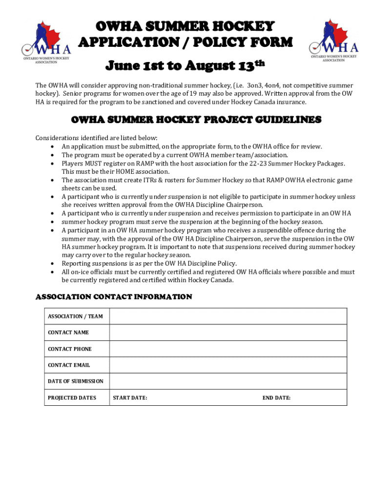 Fillable Online OWHA SUMMER HOCKEY APPLICATION / POLICY FORM ... Fax ...