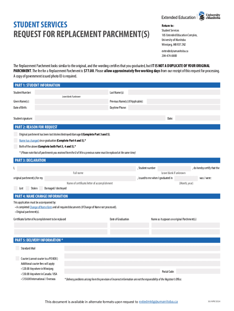 Fillable Online student services - request for replacement parchment(s ...