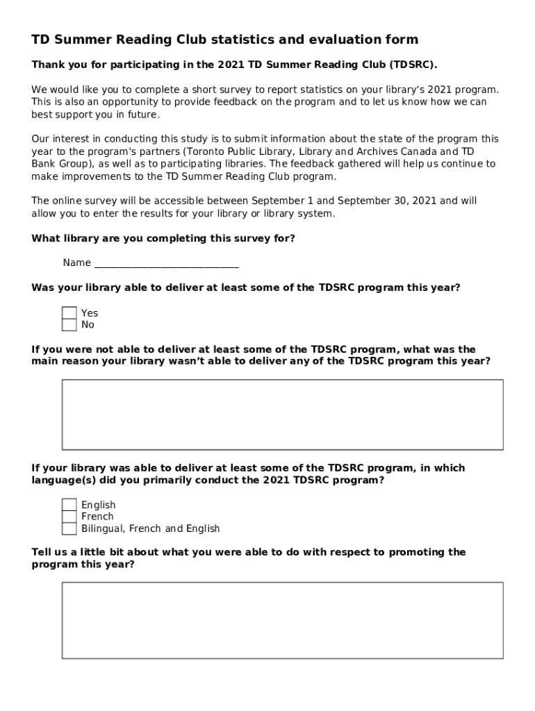 TD Summer Reading Club statistics and evaluation Doc Template | pdfFiller