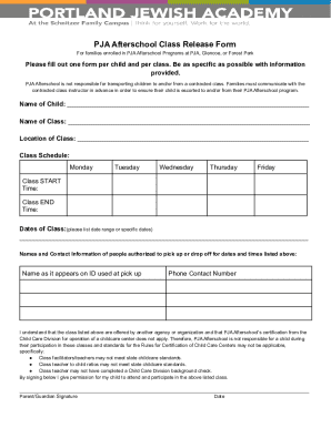 Fillable Online PJA Afterschool Class Release Form Fax Email Print - pdfFiller