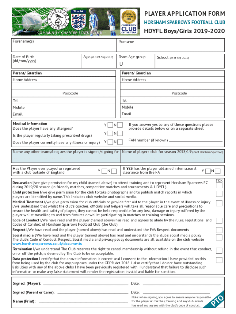 Fillable Online PLAYER APPLICATION FORM HDYFL Boys/Girls 2019-2020 Fax ...