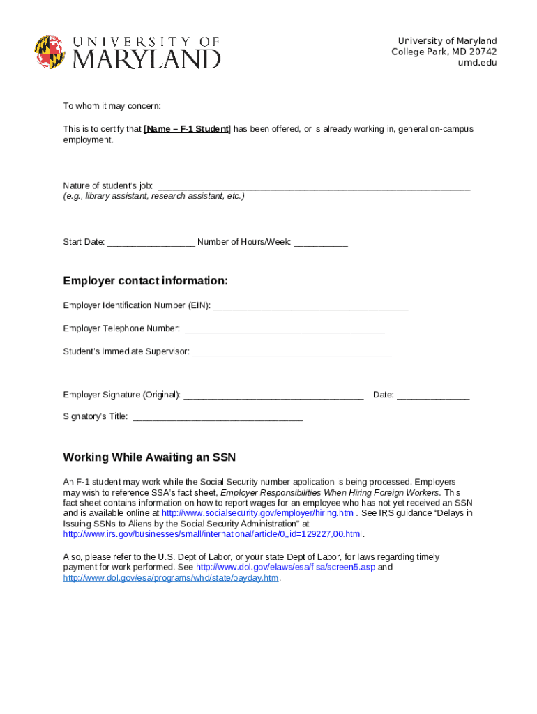 F-1 Student Support Letter from Hiring Department - uhr umd Doc ...